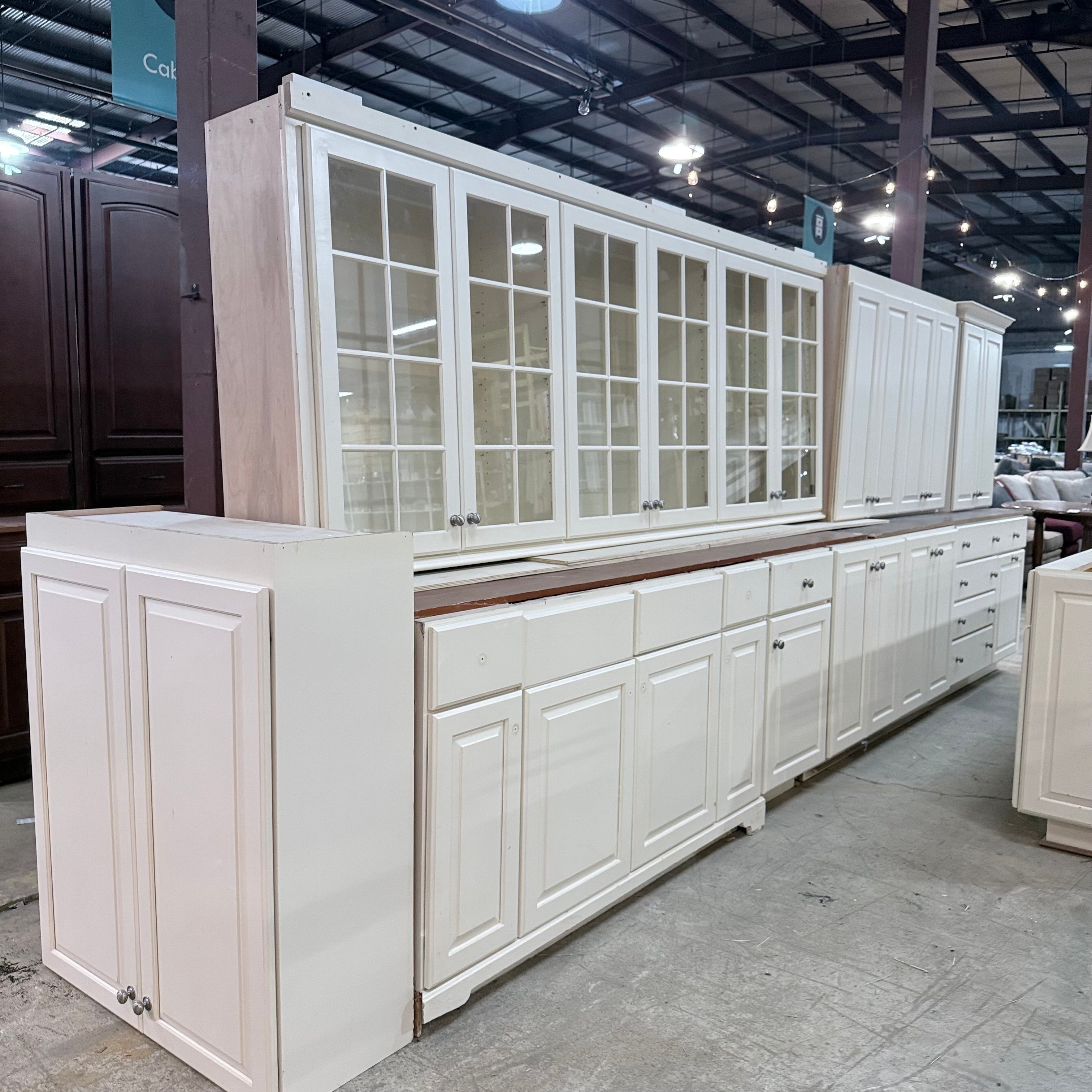 9 Piece Set of Off-White, Extra Wide Kitchen Cabinets with Glass Panel ...
